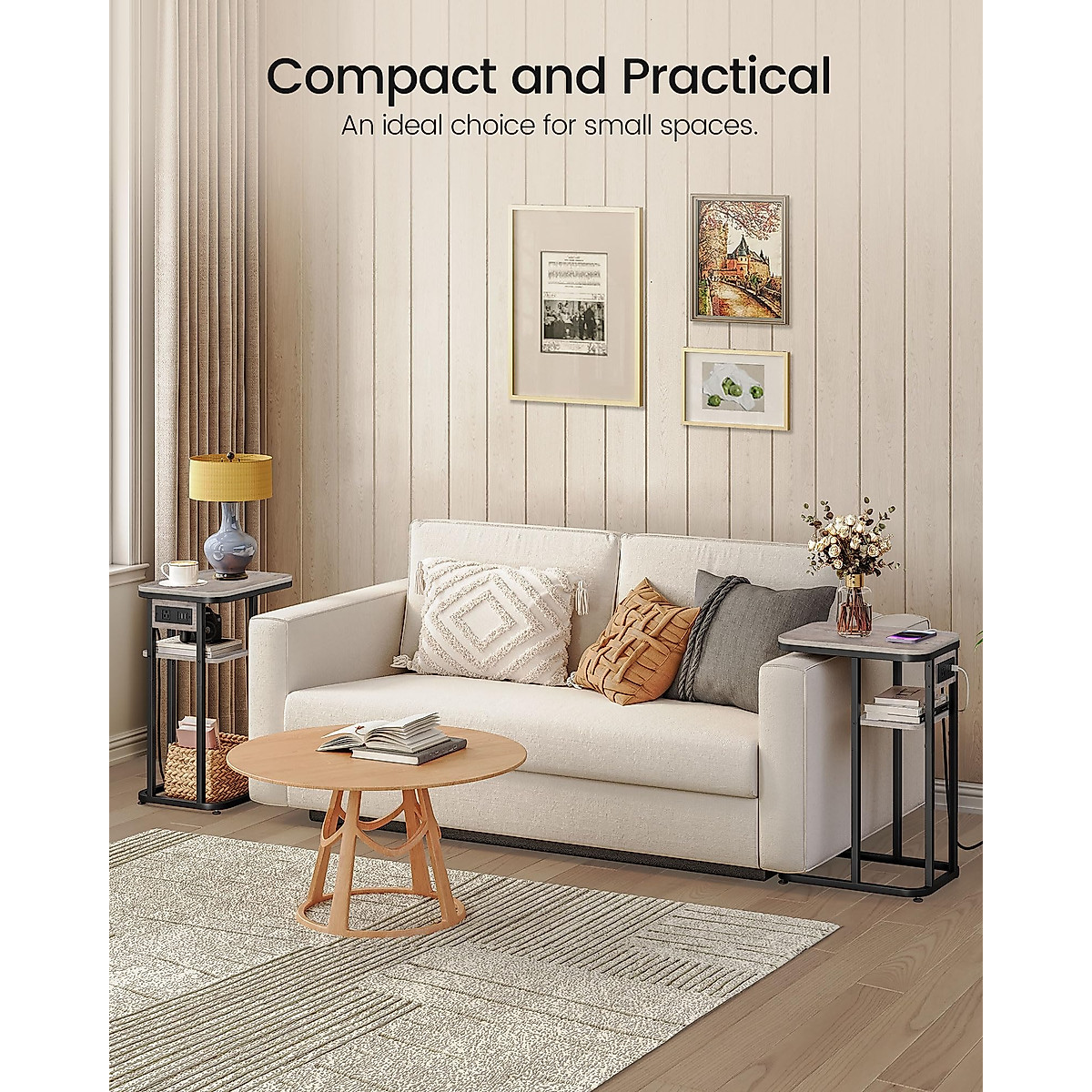 CHOEZON C-Shaped Side Table, Small End Table with Charging Station, Sofa Side Table for Couch with Outlet and USB Ports, for Small Spaces, for Bedroom, Living Room, Greige and Black TSF02UBH