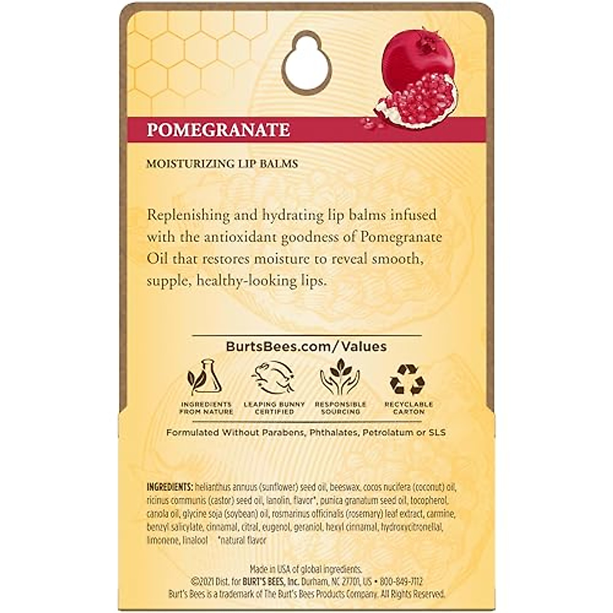 Burt's Bees Lip Balm - Pomegranate, Lip Moisturizer With Responsibly Sourced Beeswax, Tint-Free, Natural Origin Conditioning Treatment, 2 Tubes, 0.15 oz.
