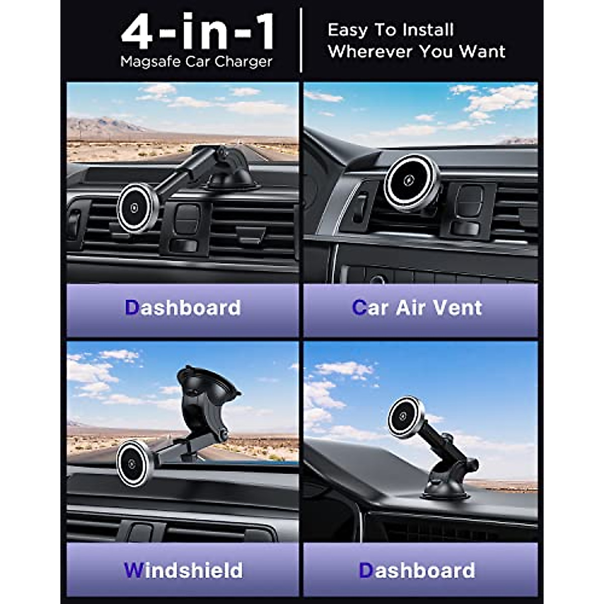 TIKECO for MagSafe Car Mount Charger, 15W Fast Charging Magnetic Wireless Car Charger Air Vent Dash Windshield Car Phone Holder Mount for iPhone 15/14/13/12 Series and MagSafe/Magnetic Cases