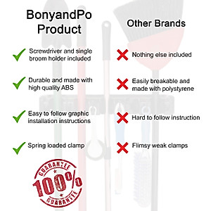 BonyandPo Broom and Mop Holder Wall Mounted - Heavy Duty Broom Holder Organizer with 2 Hooks and Screwdriver - Ideal for Cleaning Supplies Storage In Broom Closet or Over the Door (Black)