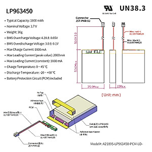 EEMB Lithium Polymer Battery 3.7V 1800mAh 963450 Lipo Rechargeable Battery Pack with Wire JST Connector for Speaker and Wireless Device- Confirm Device & Connector Polarity Before Purchase(1)