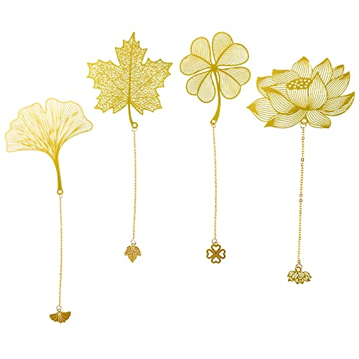 SAVITA 4 Pcs Metal Bookmarks with Chain, Hollow Leaf Bookmark with Lotus Ginkgo Maple Four-Leaf Clover Patterns, Flower Bookmarks for Book Lovers (Golden,4 Styles)