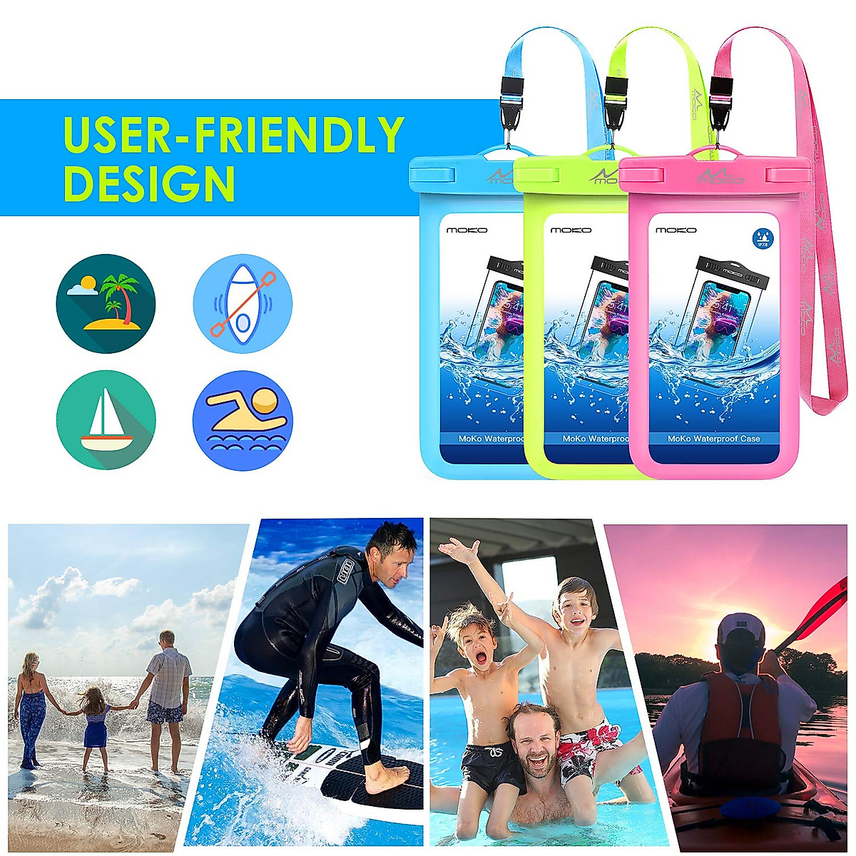 MoKo Waterproof Phone Pouch Holder [2 Pack], Underwater Phone Case Dry Bag with Lanyard Compatible with iPhone 14 13 12 11 Pro Max X/Xr/Xs Max/SE 3, Samsung S21/S10/S9/S8 Plus, Blue+Green+Pink