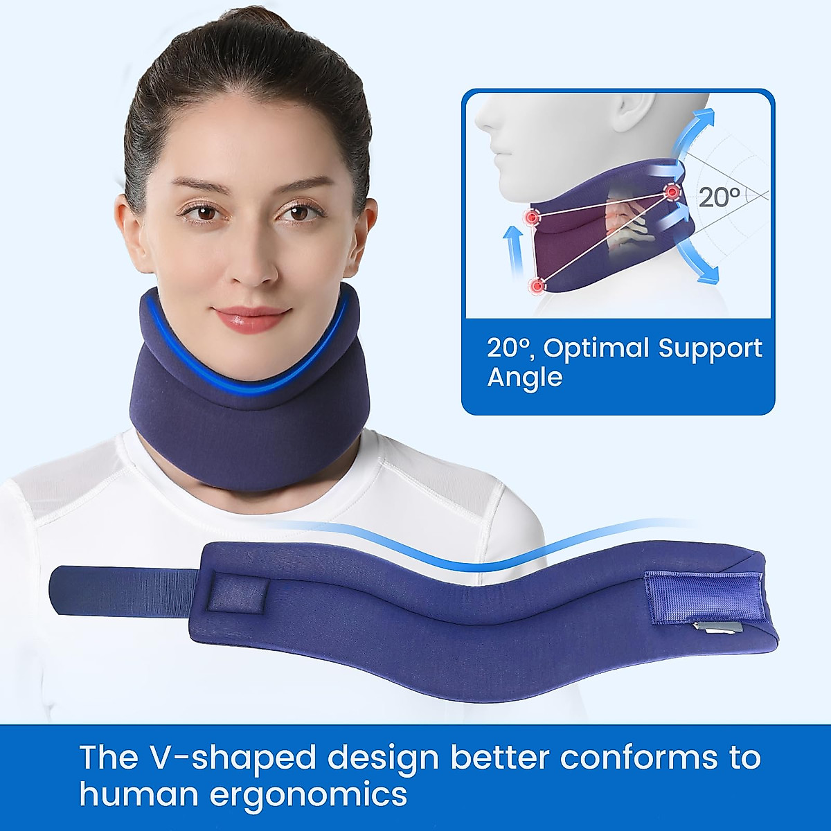 Velpeau Neck Brace for Neck Pain and Support - Soft Cervical Collar for Sleeping in Bed, Snoozing, Sleeping Upright, Anti-Snoring, Sleep Apnea for Women & Men (Blue, Comfort Version, M: 11.5-14"/3″)