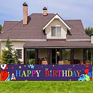 Space Happy Birthday Banner,happy birthday outdoor banner,Space Theme Banner,Outer Space Birthday Party Supplies Happy Birthday Yard Sign Backdrop Background for Indoor Outdoor Decorations 9.8x1.6ft