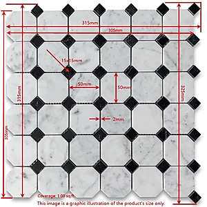 Stone Center Online Nero Marquina Black Marble 2 inch Octagon Mosaic Tile w/Thassos White Dots Honed Kitchen Bath Wall Floor Backsplash Shower (1 Sheet)