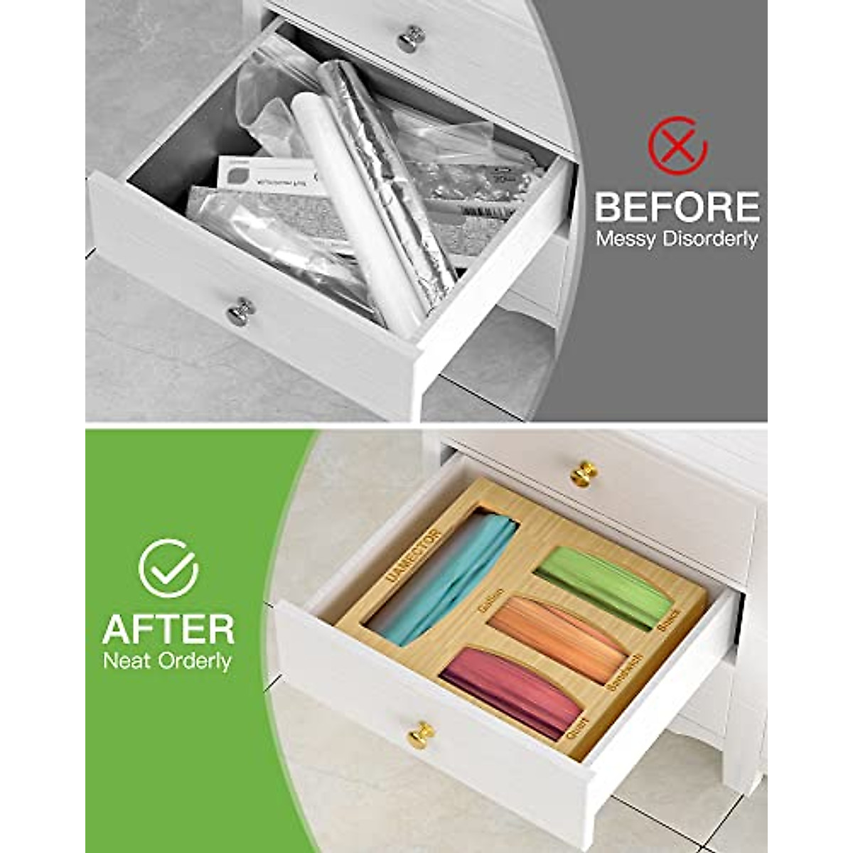 Uamector Bamboo Ziplock Bag Organizer for Drawer, Food Bags Dispenser Plastic Bags Holder for Kitchen, Hanging Baggie Container for Gallon Quart Sandwich or Snack Bag Trash Bags