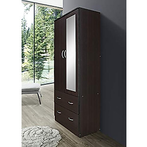 Hodedah Two Door Wardrobe with Two Drawers and Hanging Rod plus Mirror, Chocolate