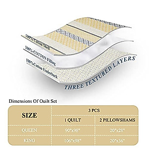 DDUOXIN Floral Quilts Queen Size - 100% Cotton Reversible Queen Quilt with 2 Pillow Shams, Farmhouse Striped Bedspreads Lightweight Queen Quilt Bedding Set, Yellow Gray, Queen