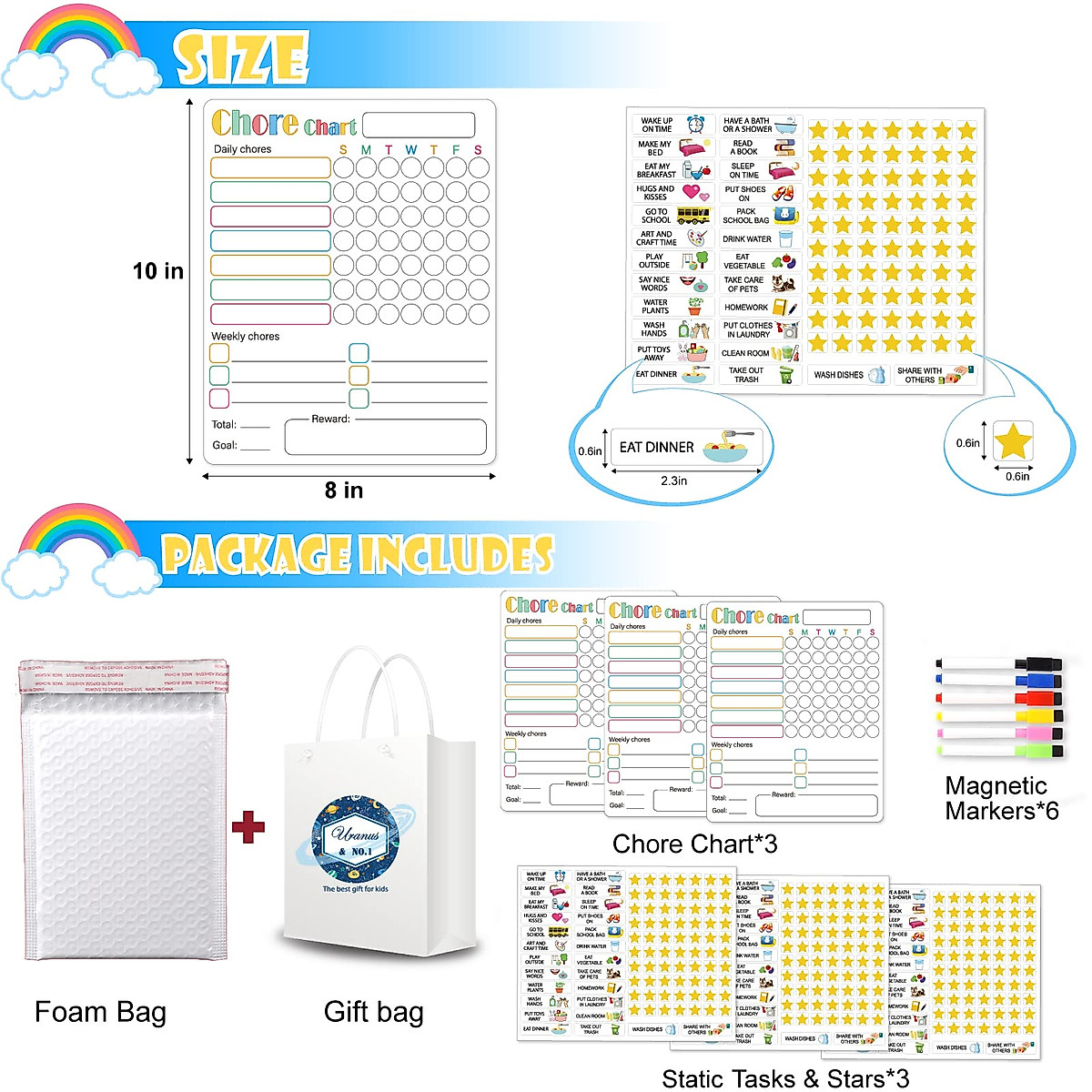 3Pcs Magnetic Chore Chart for Multiple Kids & Adults,Reward Chart Good Behavior Chart for Kids,Dry Erase Responsibility Charts for Toddlers, with Tasks & 6 Markers for Fridge School Home Supplies