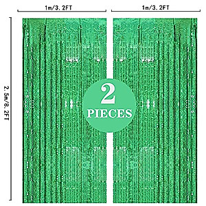 2 Pack 3.2ft x 8.2ft Green Foil Fringe Curtain, Metallic Tinsel Foil Fringe Rain Curtain Streamers Photo Backdrop for St Patricks Day Decorations Birthday Christmas Jungle Safari Tropical Party Decor