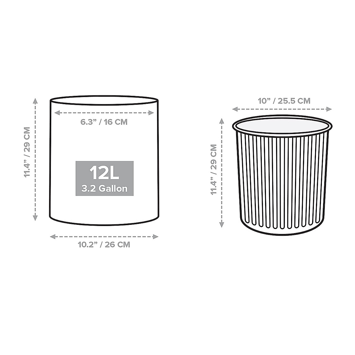 Modern Round Waste Basket - 3.2Gal/12.1L Open Top Trash Bin - Gray Garbage Can with Removable Plastic Bin Liner - Touchless Bathroom Garbage Can or Trash Can for Kitchen - Minimalist Office Trash Can