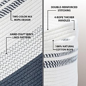 Homify Blanket Basket 100% Cotton Rope Woven Baskets for Storage 22"x14" 90L XXX-Large Laundry Basket with Soft Handle Rope Basket for Living Room, Toy, Pillow & Clothes - Gray & White