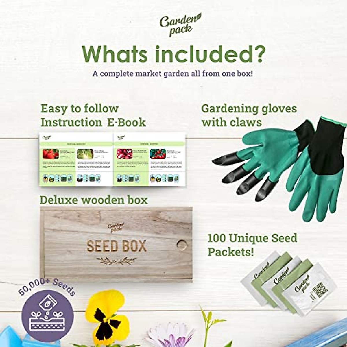 Grow Your Own Kit by Garden Pack - 100 Varieties of Vegetable, Herb and Flower Seeds - Gardening Gifts for Women and Men - Natural Wood Gift-Ready Box and Accessories