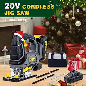 RIDA Cordless Jig Saw, 20V Jigsaw 0-2700 SPM Adjustable Speed, ±45° Bevel Cutting with LED Light, 2.0Ah Battery & 1 Hour Fast Charger, 4Pcs Blades for Woodworking New Year presents