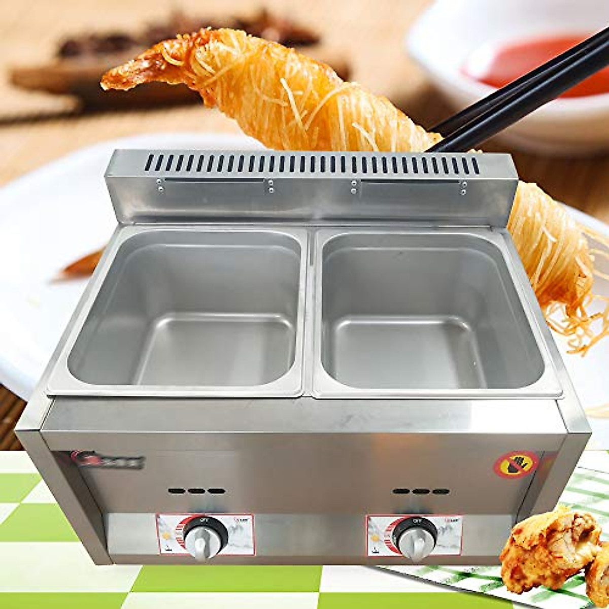2 Pan 6L Pans Gas Deep Fryer Countertop, Commercial Food Warmer Heater Stainless Steel Buffet Countertop Heating Pot Steamer Soup Warmer for Catering and Restaurant