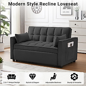 Rovibek 3 in 1 Sleeper Sofa Bed, Pull Out Couch, Convertible Futon Loveseat with krest, Dinotefuran Living Room Chaise Lounr Home Apartment Office, Black