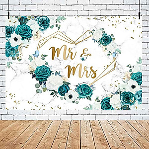 AIBIIN 7x5ft Green Mr and Mrs Floral Backdrop Teal Wedding Photography Background Heart Geometric Marble Flowers Bridal Shower Banner Women Bride to Be Couple Engagement Party Cake Smash Photo Props