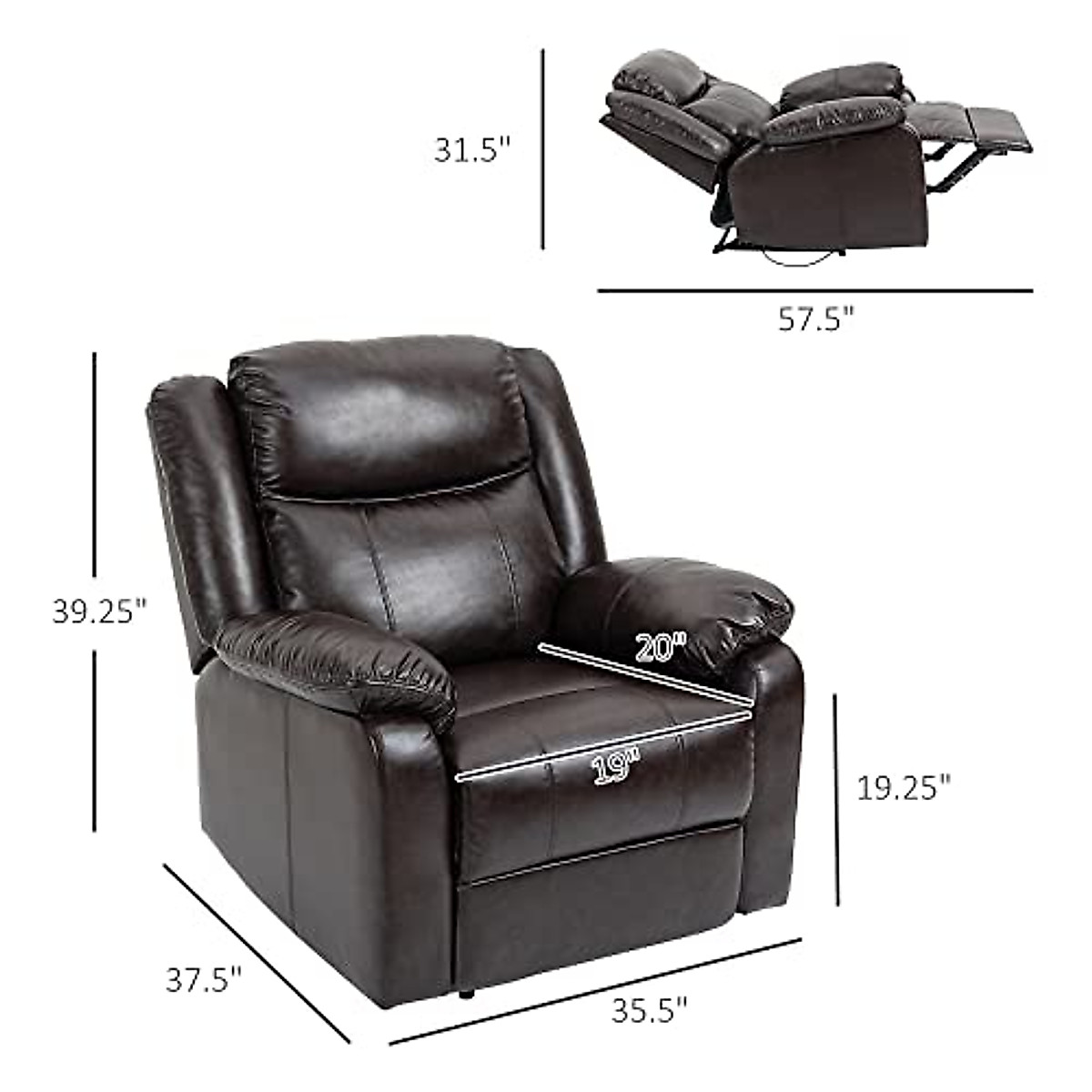 HOMCOM PU Leather Manual Recliner with Thick Padded Upholstered Cushion and Retractable Footrest, Brown