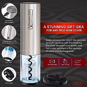 Premium Electric Wine Opener By SETORIS- Automatic Electric Wine Bottle Corkscrew Opener With Foil Cutter Set- Rechargeable Cordless Stainless Steel Bottle Opener For Home, Bars & Professional Use