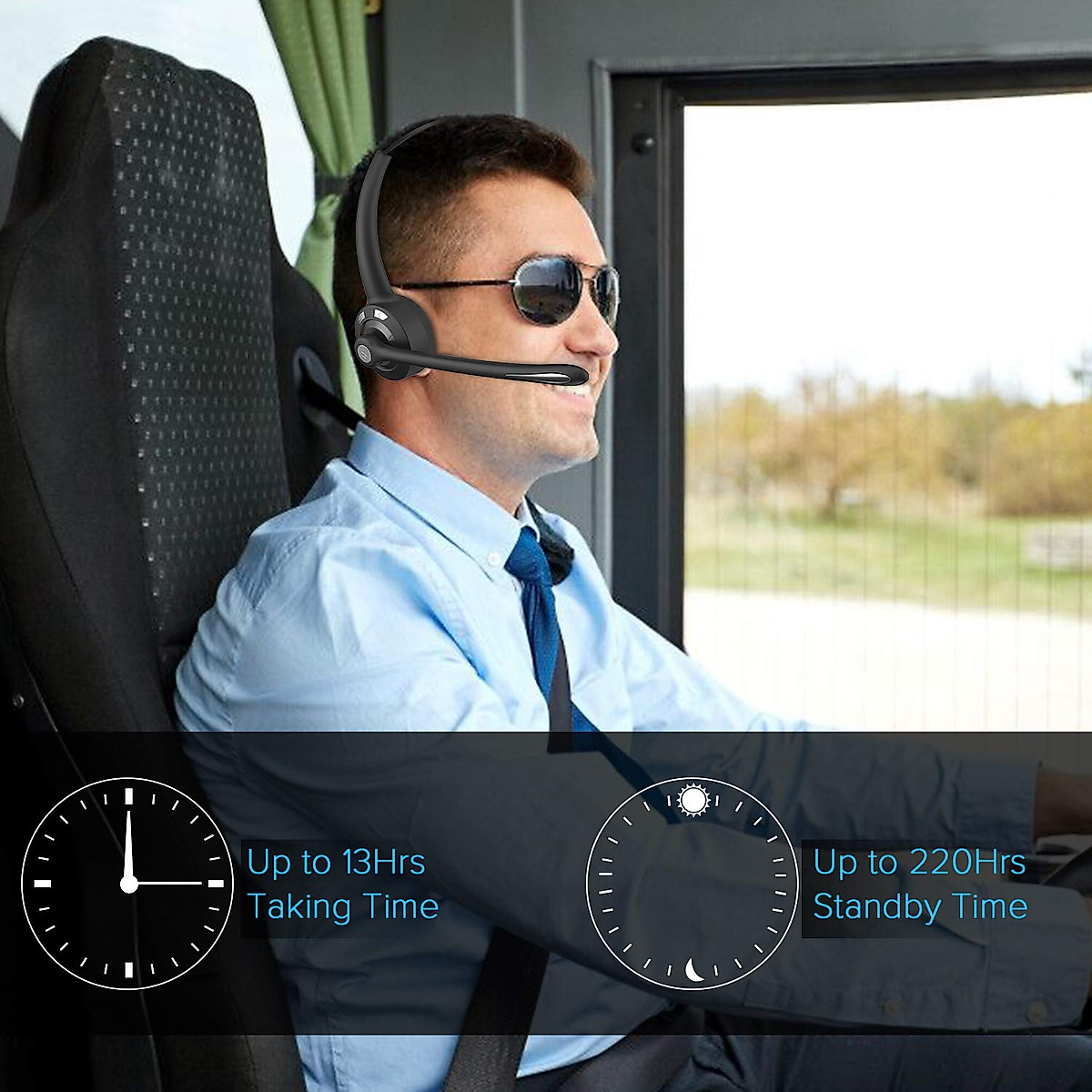 TURN RAISE Truck Headset, Wireless Headphone with Mic, Over-The-Head Driver Headset, Noise Cancel Cell Phone Wireless Headset, Suit for Office Truck Skype