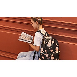School Backpack for Teen Girls Bookbags Elementary High School Floral Laptop Bags Women Travel Daypacks (Black flower)