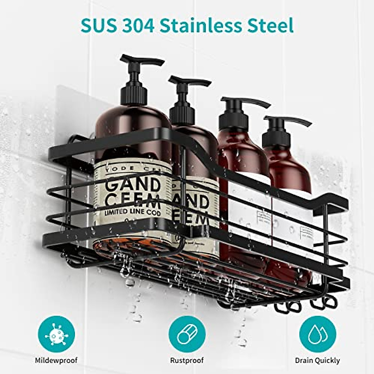 Shower Caddy, 5-Pack Shower Shelf, Adhesive Shower Organizer No Drilling with Soap Holder, 7 Hooks, Rustproof Stainless Steel Shower Rack Wall Mounted Bathroom Shower Storage Shelves for Inside Shower