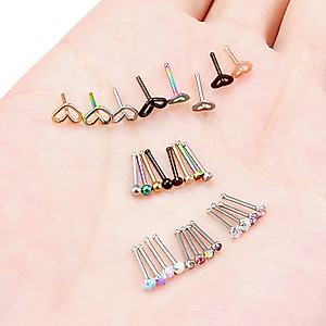 Hoeudjo 20G Opal Nose Rings Surgical Steel Nose Ring Studs Heart CZ Inlaid Piercing Jewelry for Women Men Girls 28 Pieces Bone Nose Rings