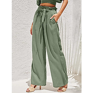 Sucolan Green Pants for Women Dressy Casual Wide Leg Pants High Waisted Business Work Pants Adjustable Tie Knot Loose Beach Flowy Palazzo Pants Sage Green L