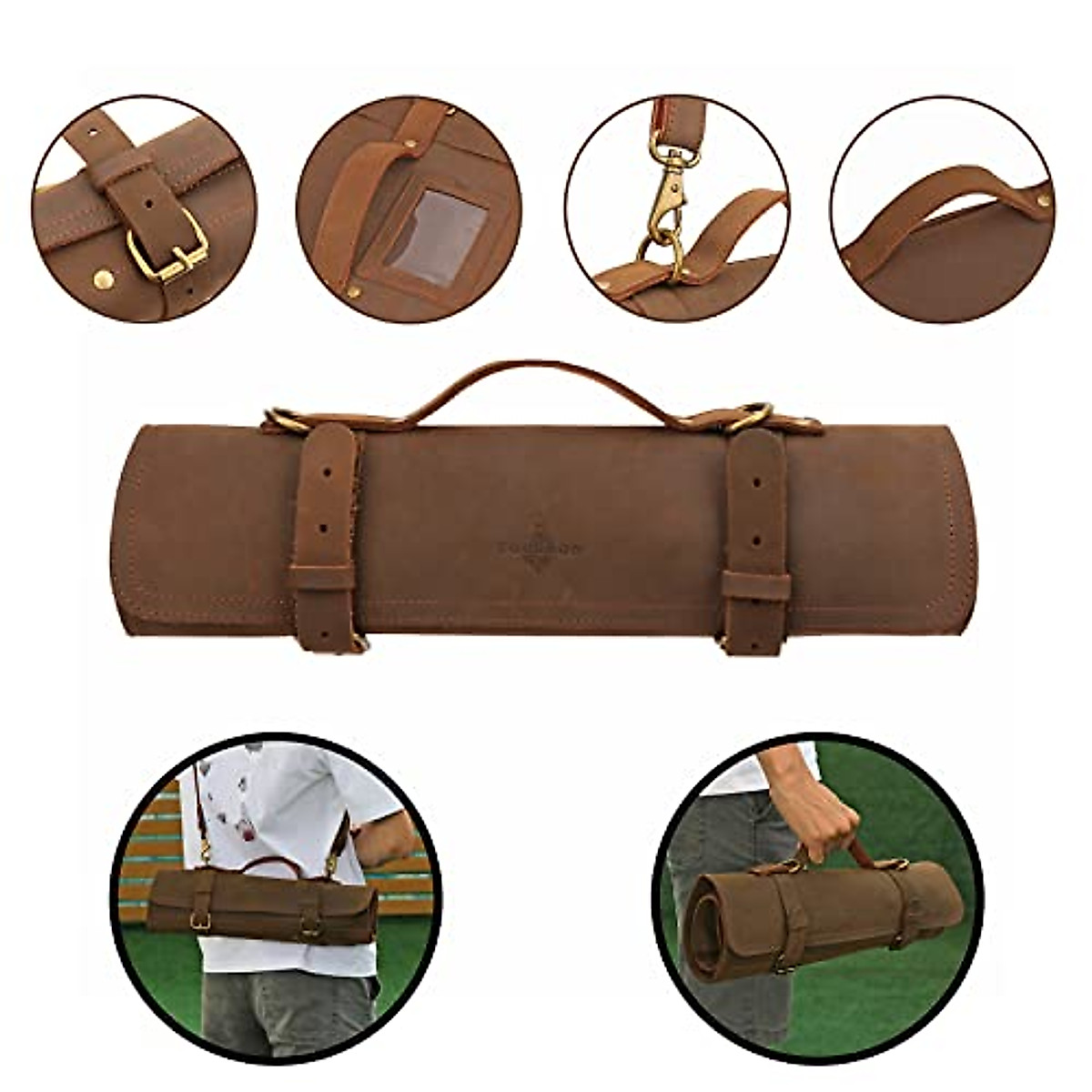 TOURBON Leather Knife Roll Bag, Kitchen Tool Holder with 5 Slot and Zipper pocket, Camping Cooking Tools Stroage Carry Case with Shoulder Strap