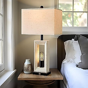 G-SAFAVA 25" Farmhouse White Table Lamp USB C+A Ports with 3 Way Dimmable Touch Control Nightstand Lamp Vintage Modern Lamps for Living Room Bedroom Hotel(4 Bulbs Included)