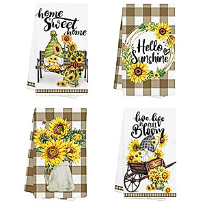 pinata Sunflower Kitchen Towels Set of 4-Gnome Bee Sunflower Dish Towels-Hello Sunshine Seasonal Tea Towels-Cute Home Sweet Home Hand Towels-Housewarming Gifts Sunflower Kitchen Decor for New Home