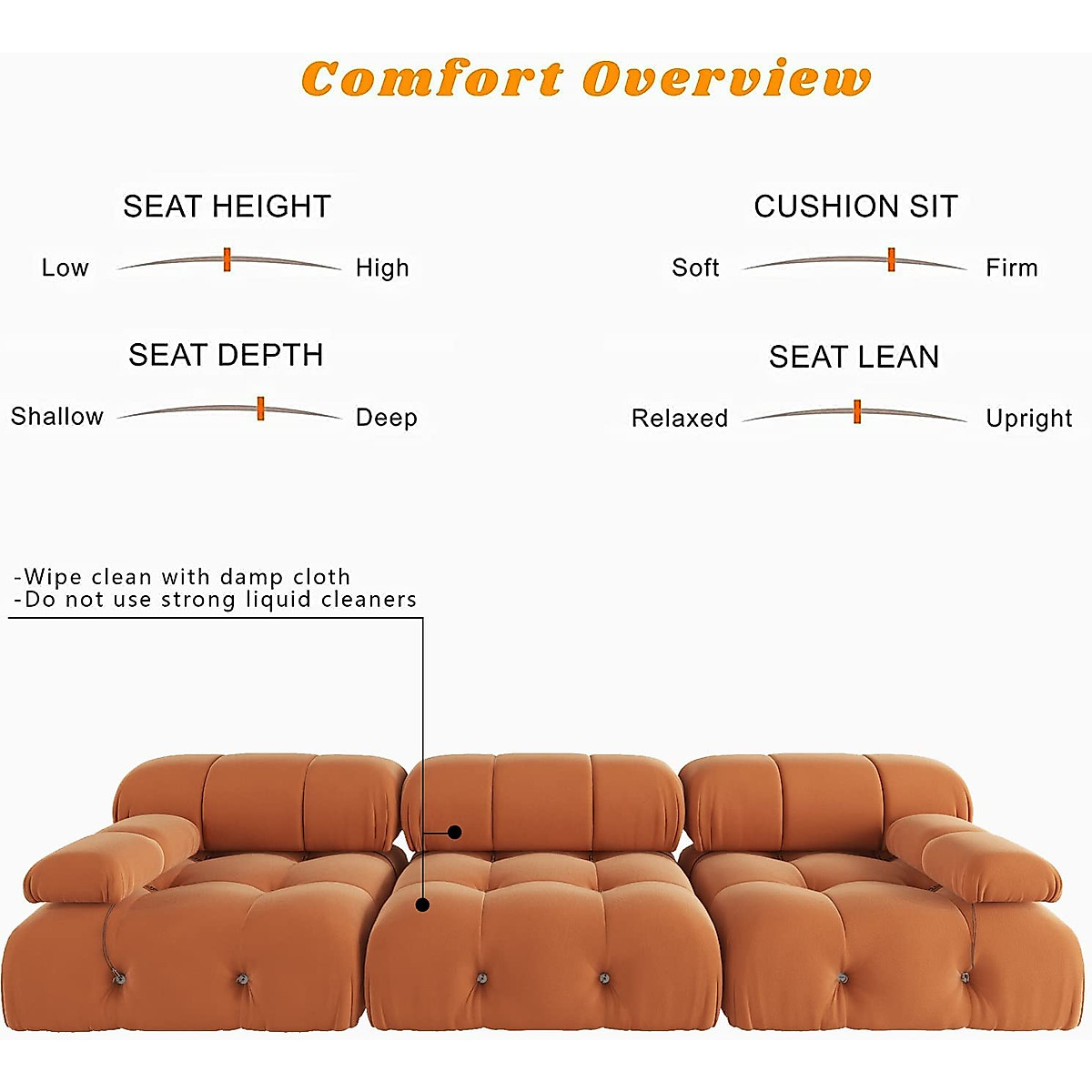 BOKIFOL Sectional Sofa, 104'' Modular Sectional Couch Modern Velvet Sofa 3-Seater Couch for Living Room, Apartment(Orange)