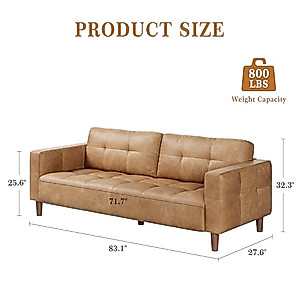 GarveeHome 3-Seater Sofa Couch, 83" Wide Faux Leather Sofa Couch with Spring Cushion, Modern Sofa with Deep Seats and 2 Removable Back Cushions, for Living Room, Bedroom, Apartment, Office, Brown