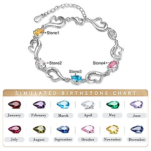 Jeweidea Personalized Infinity Love Heart Link Bracelet with Pear Simulated Birthstone Custom Engraved Name Silver Bracelet for Women Girls (4 Stones + 4 Names)