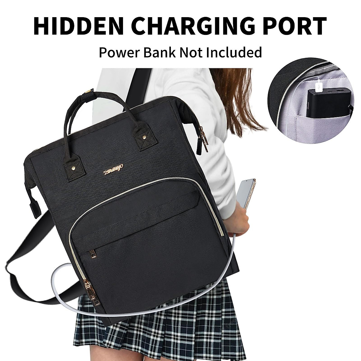 ZIRANYU Large Travel Backpack for Women, 15.6 Inch Laptop Backpack, Computer Work Bag, Waterproof Business Backpack, Nurse Teacher Backpack with USB Port, Black