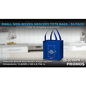 DISCOUNT PROMOS Custom Reusable Grocery Tote Bag for Shopping - 50 Pack - Personalized Logo, Text -Small Foldable Bags – Blue