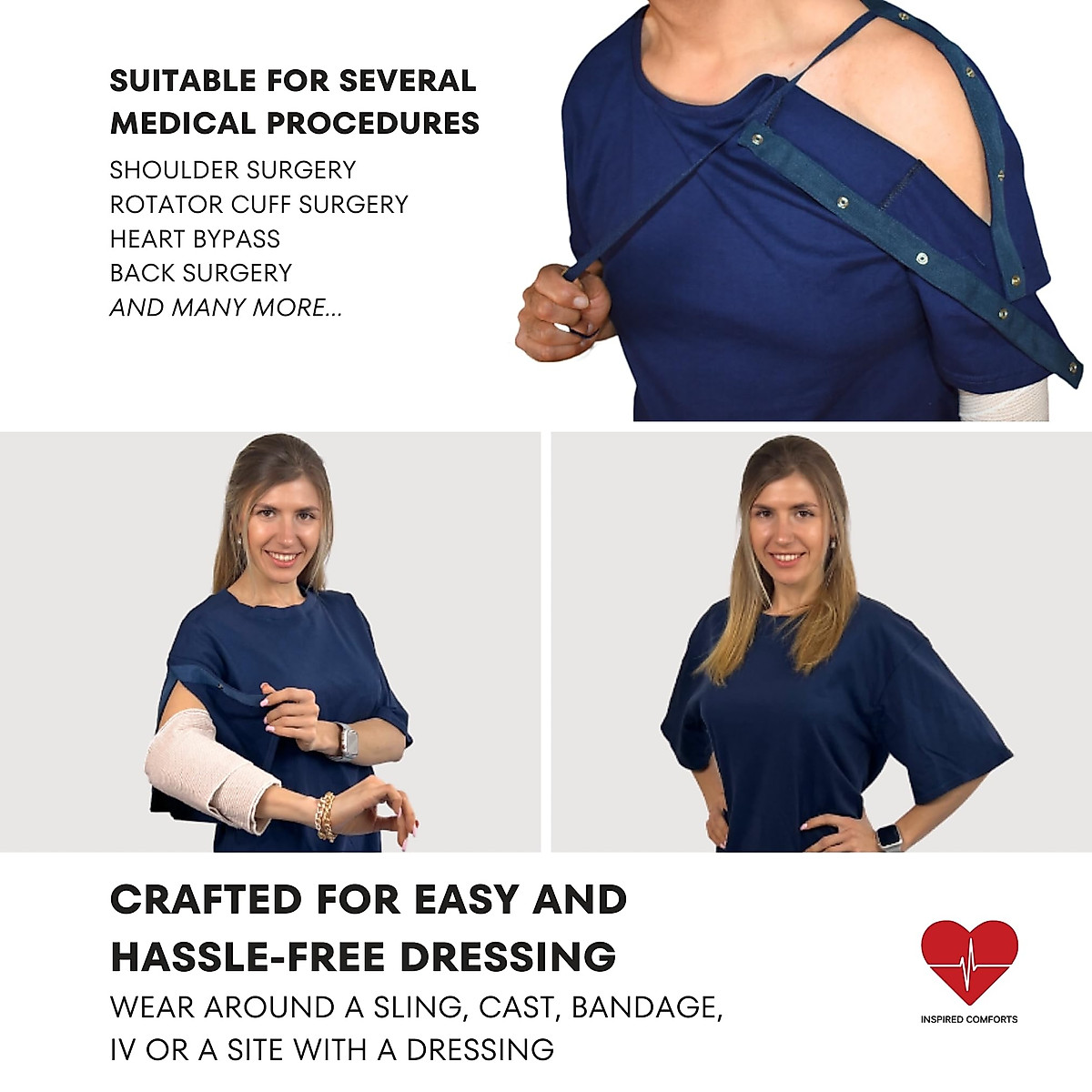 Uni-Sex Shoulder Surgery Recovery and Rehab Shirt with Discreet Shoulder Snaps(blue,XL)