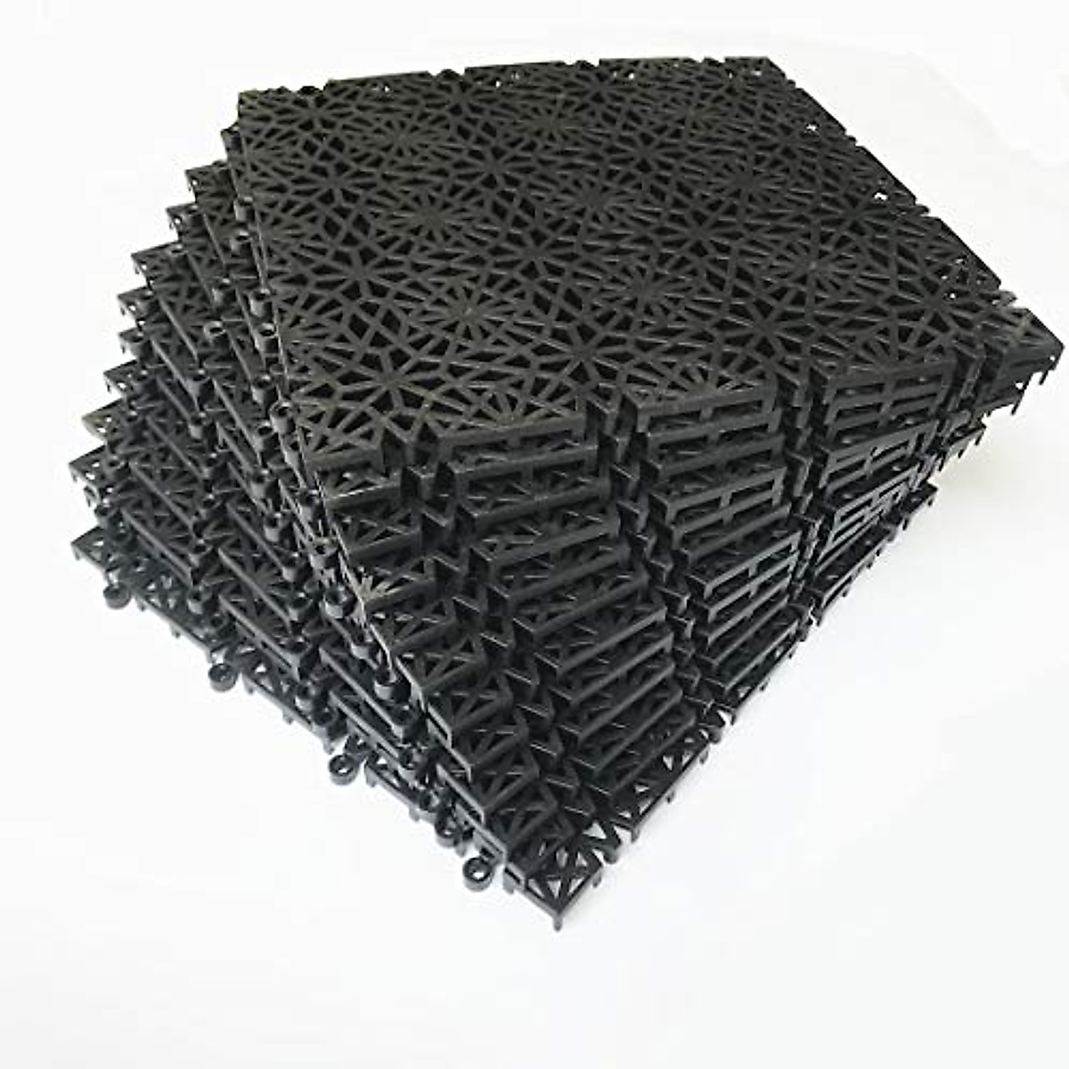 smabee 12 Pack Interlocking PVC Non-Slip Tile Drainage Mat 11.75" x 11.75" for Drain Pool Kitchen Deck Patio Boat Snowflake Shape (Black)