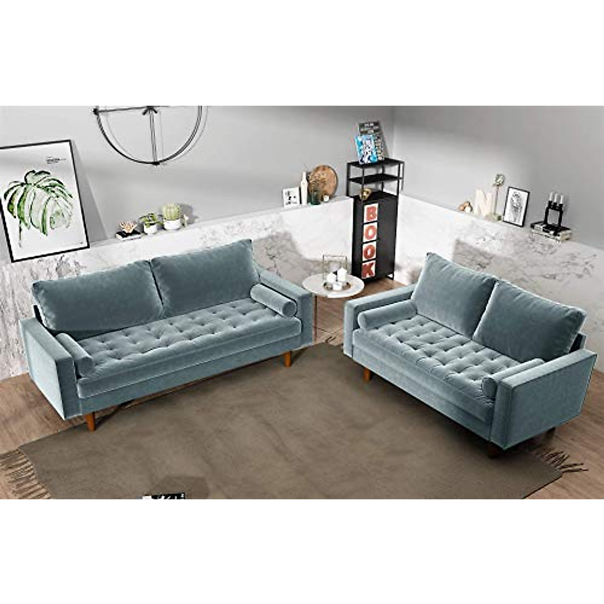 Container Furniture Direct Womble Velvet Upholstered Living Room Diamond Tufted Chesterfield Sofa with Gleaming Nailheads, Teal Blue