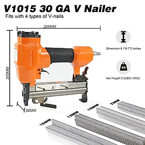 KAMSIN #V1015 30 Gauge Pneumatic Picture Frame Nailer, 13/32”(10.3mm) Crown V Nailer, 5/16'' to 19/32'' (7-15mm) Leg Length V-nails Tacker V Nails Gun For Picture Frames