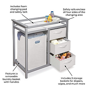 Badger Basket Modern Baby Changing Table with Laundry Hamper, 3 Storage Drawers and Pad, Diaper Change Station - Gray/White