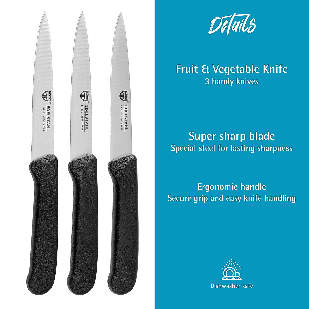 GRÄWE Vegetable Knives Set of 3 Stainless Steel, Multi-Coloured, Super Sharp, Dishwasher Safe