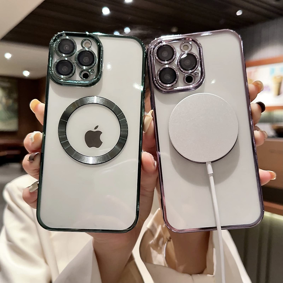 Uioeua Compatible with iPhone 13 Pro Max Magnetic Clear Case,Luxury Plating Bling Transparent Shockproof MagSafe Case with Full Camera Lens Protector for iPhone 13 Pro Max Women Girl Men-Green