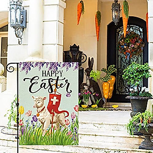 AVOIN colorlife Happy Easter Lamb of God Garden Flag 12x18 Inch Double Sided Outside, Hunt Meadow with Cross Floral Pascha Yard Outdoor Decoration