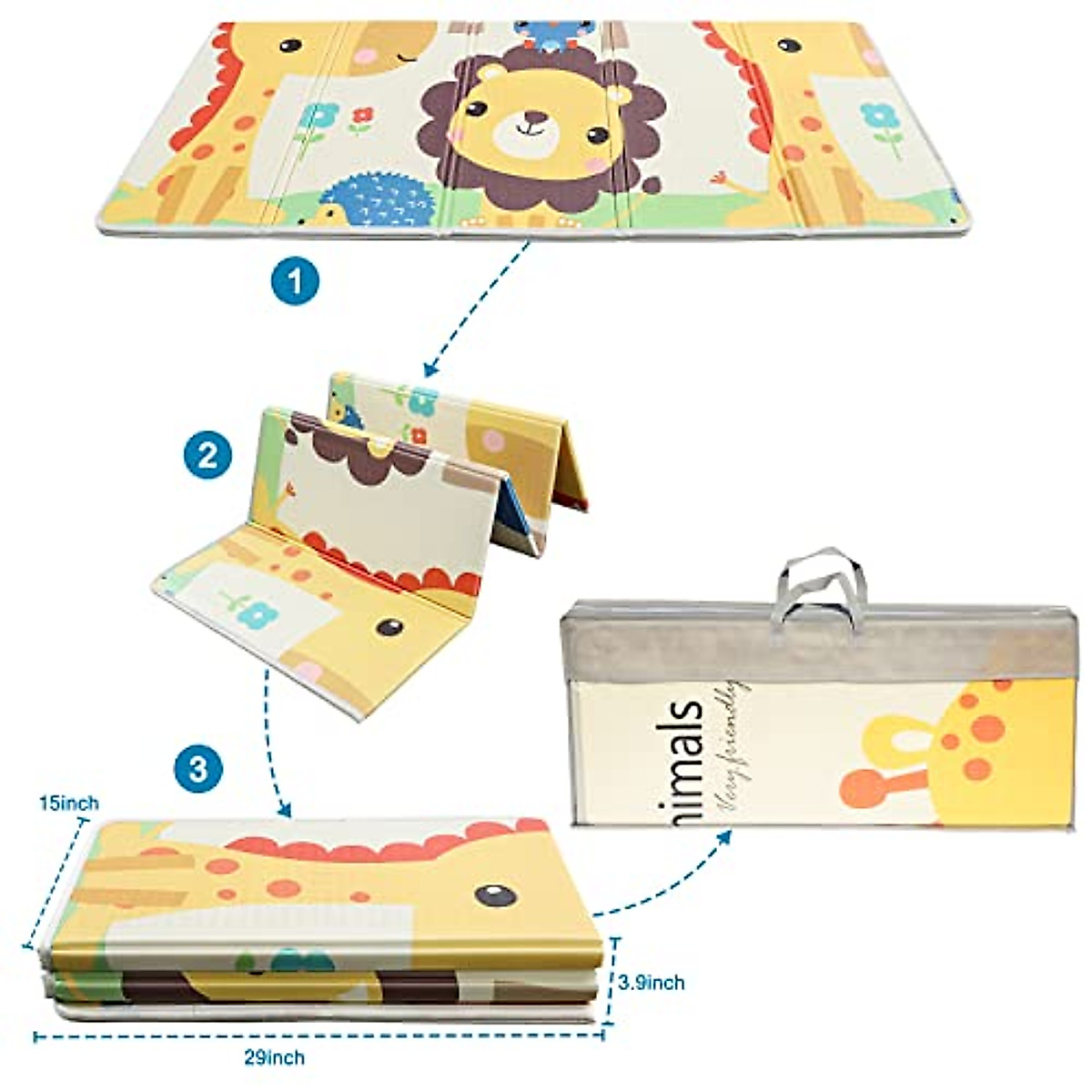 SANNI Baby Play Mat - Reversible, Foldable, Portable Extra Large Thick Foam Crawling Mat for Infants, Babies, Toddlers - Indoor & Outdoor Use, BPA-Free with Travel Bag (78"x71")