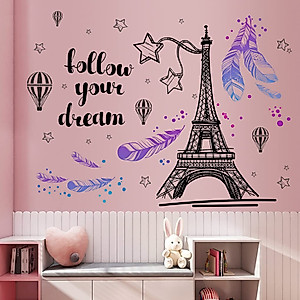 RW-4939 Giant Eiffel Tower Wall Decals Purple Feather Stars Vinyl Wall Stickers DIY Removable Balck Unique Paris Hot Air Balloons Stars Decor for Kids Teens Bedroom Living Room Nursery Decoration