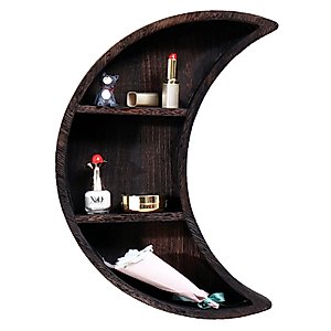 Wall Mounted Moon Shelf-Solid Wood Crystal Shelf，Distressed Antique Finished Storage Holder,Farmhouse Hanging Disaplay Shelves for Living Room,Bedroom(Burnt Color)