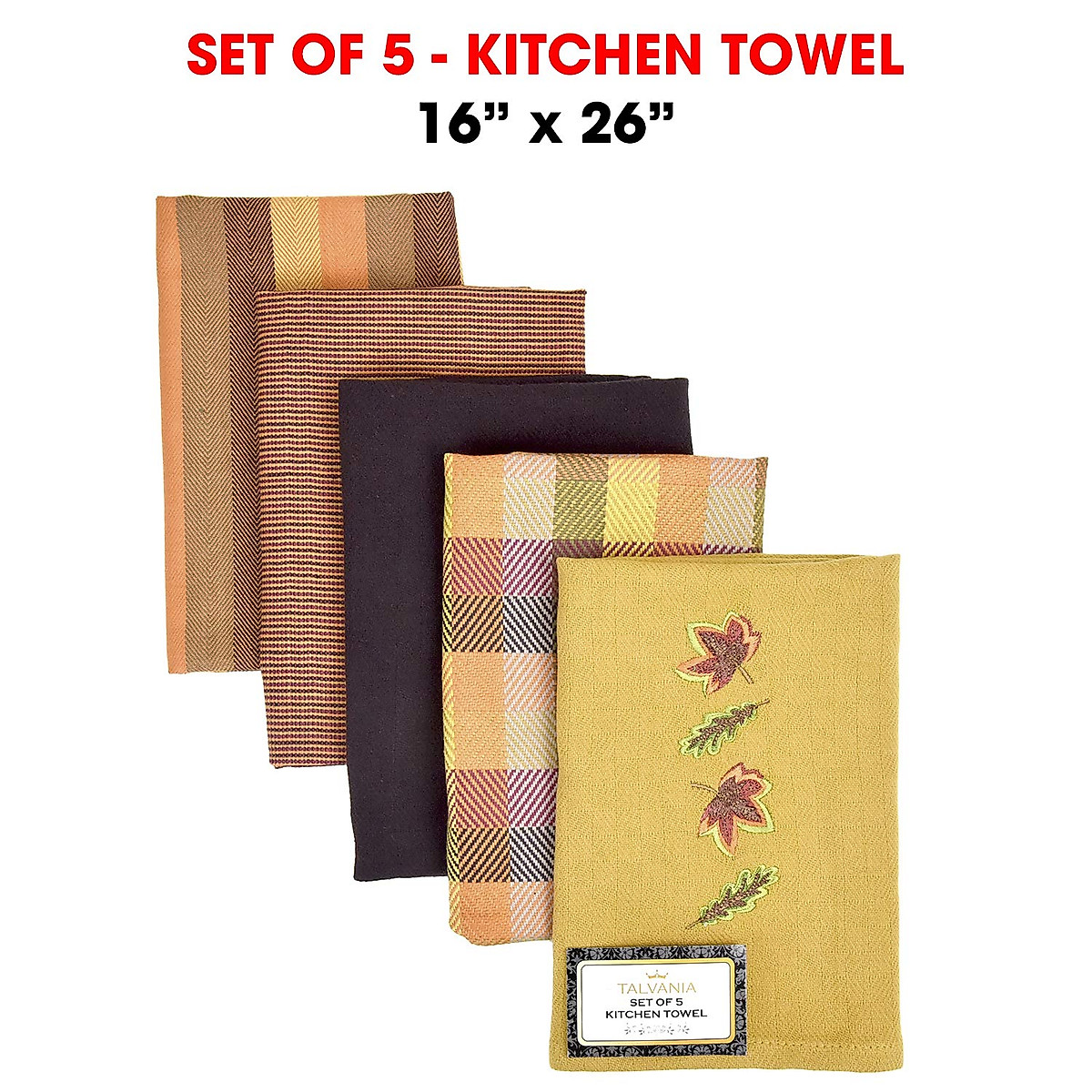 TALVANIA Holiday Harvest Kitchen Dish Towels Pack of 5 Dish Cloths– Durable Quality Hand Towel 16" X 26" – Elegant All Purpose Fall Theme Kitchen Towel Set – Easy Clean – Ideal Gift Thanksgiving