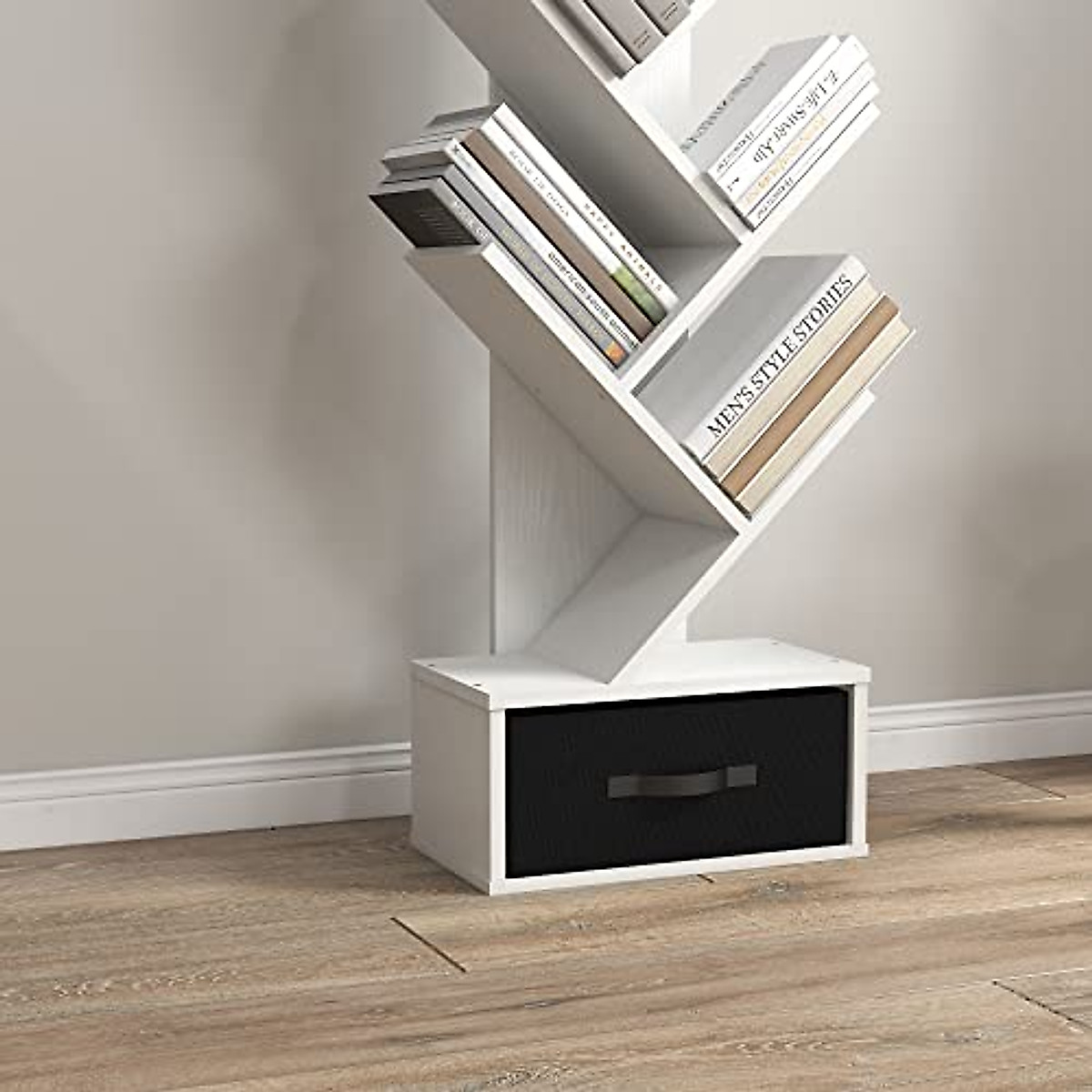 Panana Tree Bookshelf with Drawer, 8-Tier Wooden Storage Rack Wisdom Tree Book Holder Bookshelves Organizer for Living Room, Bedroom, Home Office (White)